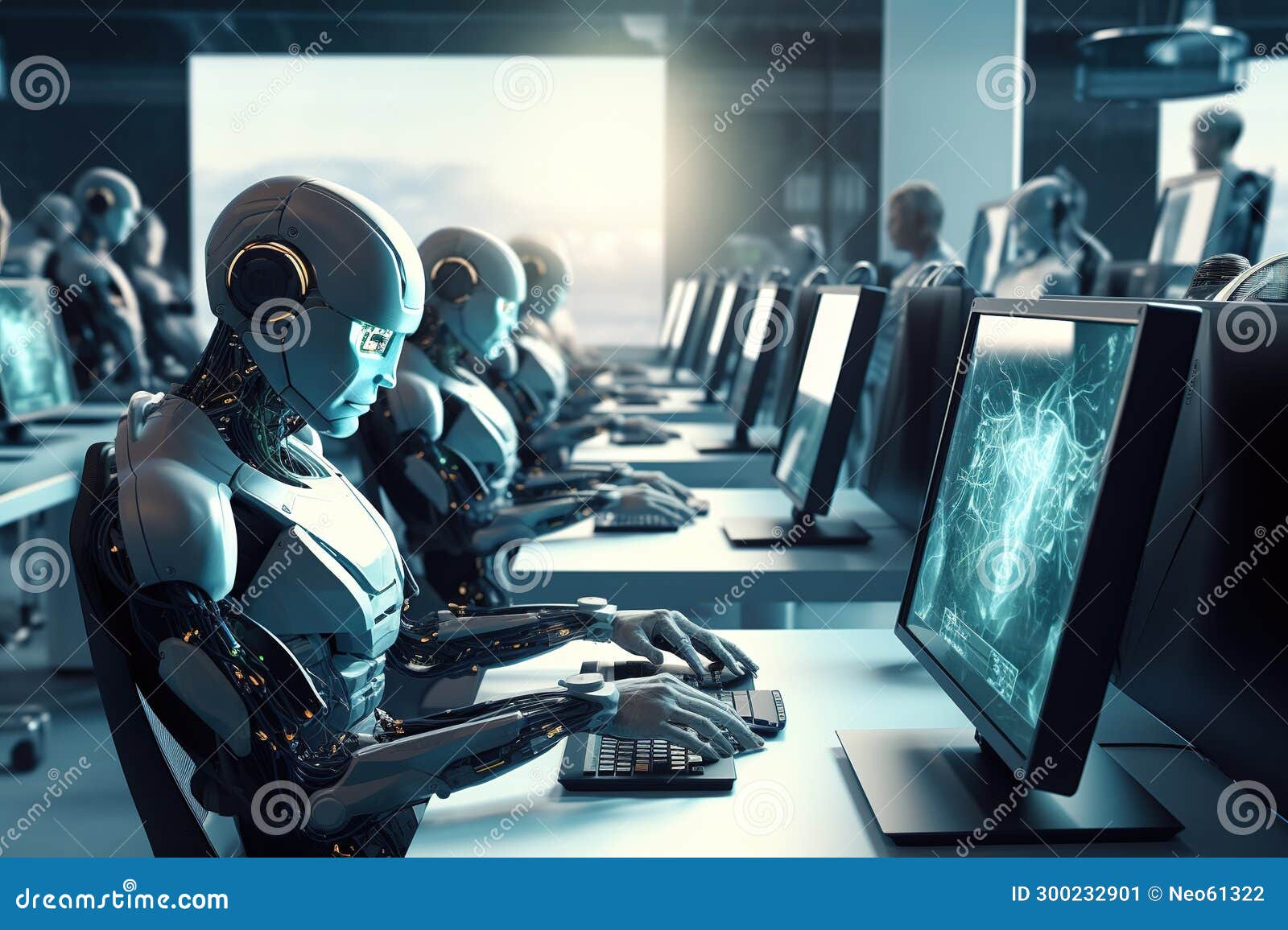AI Robots Using Multiple Computers Working Monitoring Data in Office Generative AI Stock ...