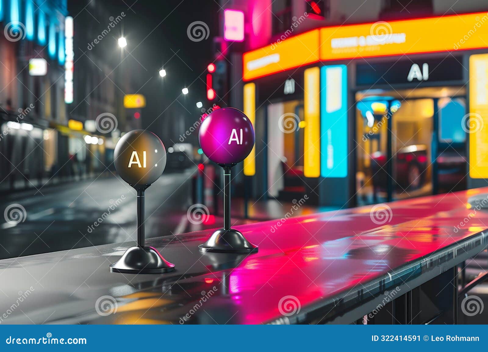AI Signs in Neon City, Digital Art, Technology Innovation, Artificial ...