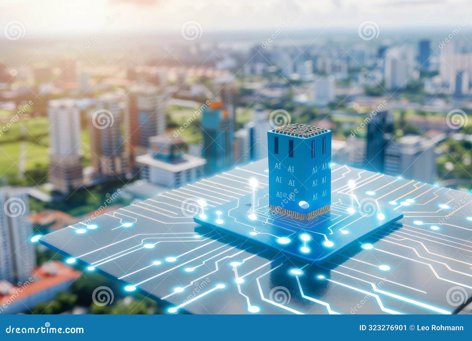 AI Smart City with Glowing Circuits and Buildings, Representing ...