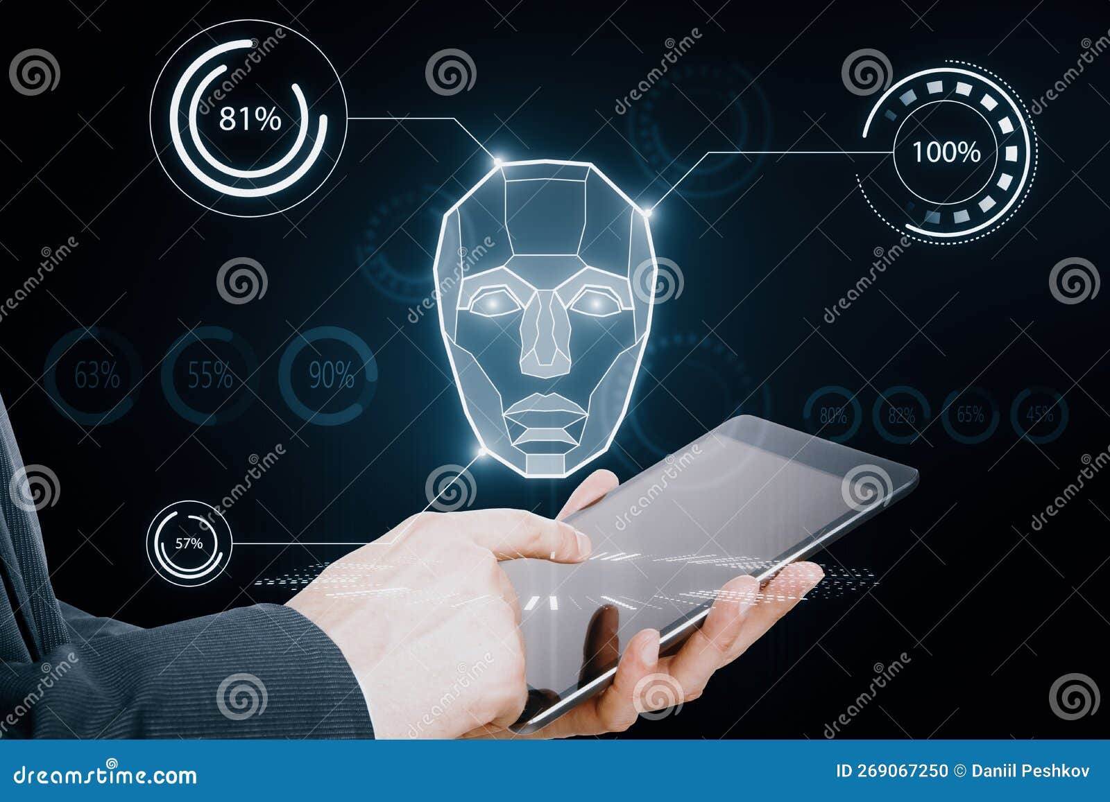 AI System in Hologram Human Head with HUD Display Elements. Artificial ...