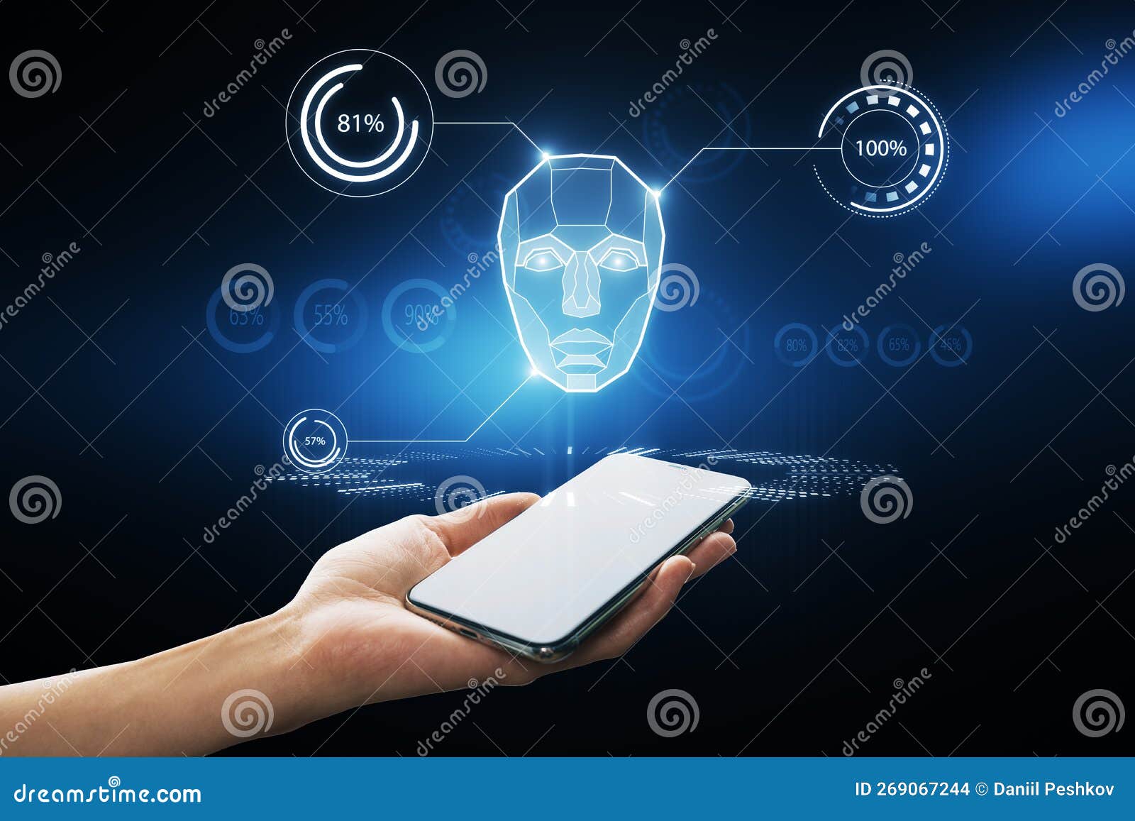 AI System in Hologram Human Head with HUD Display Elements. Artificial ...