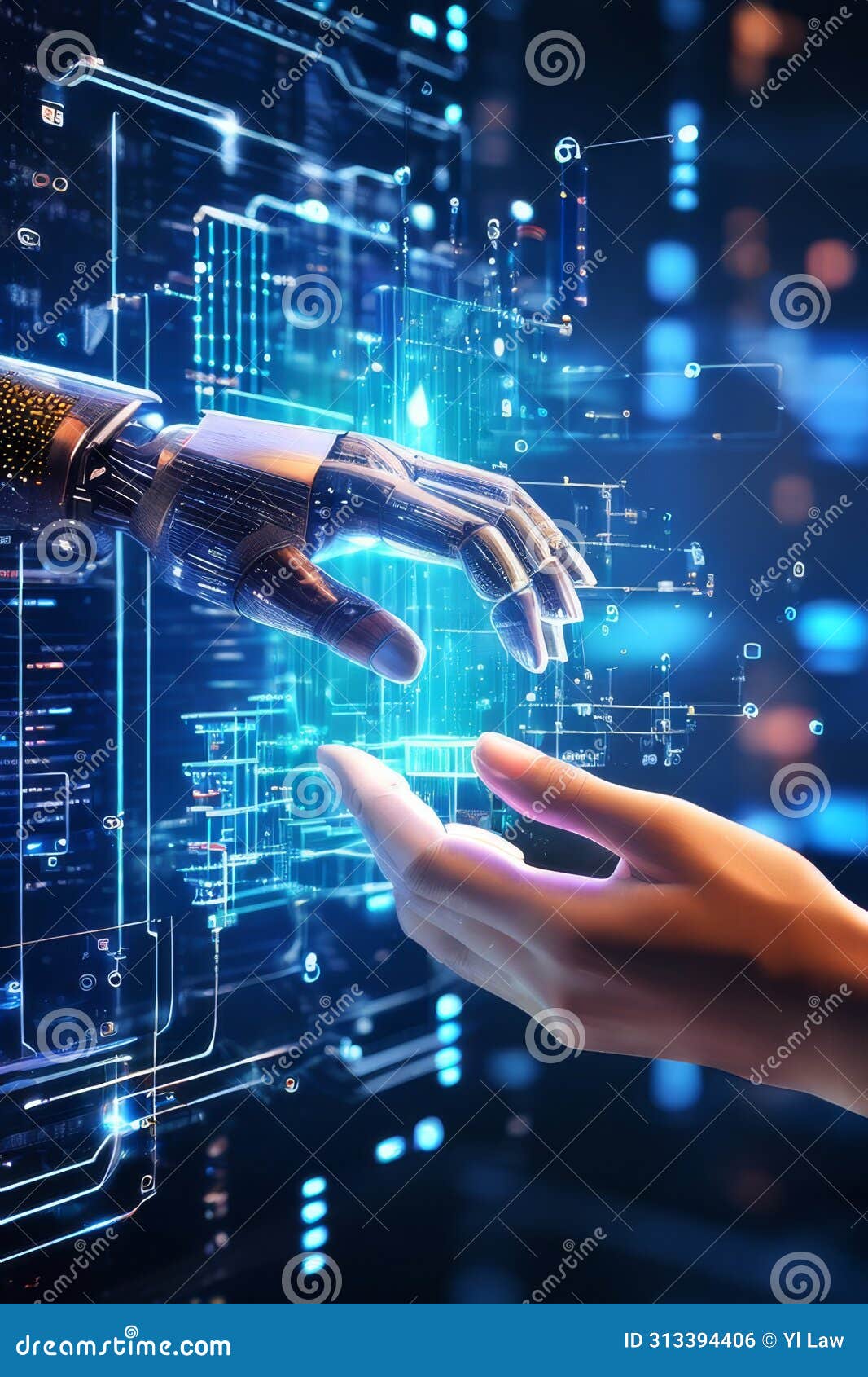 AI Technology Bridge, Human and Robot Hand Touching Stock Illustration ...