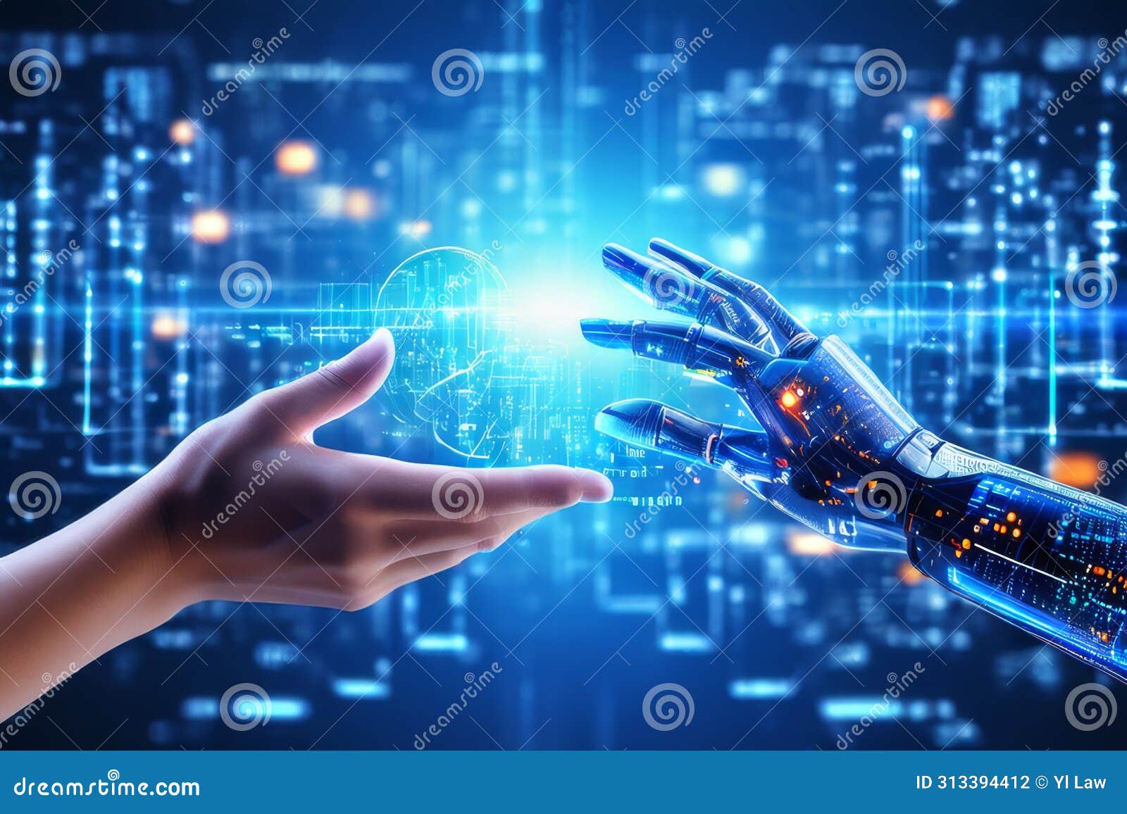 AI Technology Bridge, Human and Robot Hand Touching Stock Illustration ...