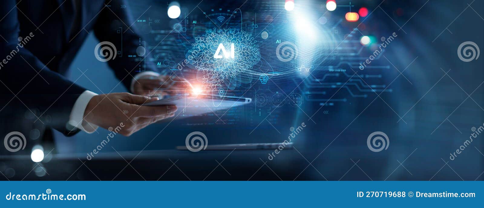 AI Technology. Businessman Touch Brain Working Data and Algorithm of Artificial Intelligence in ...