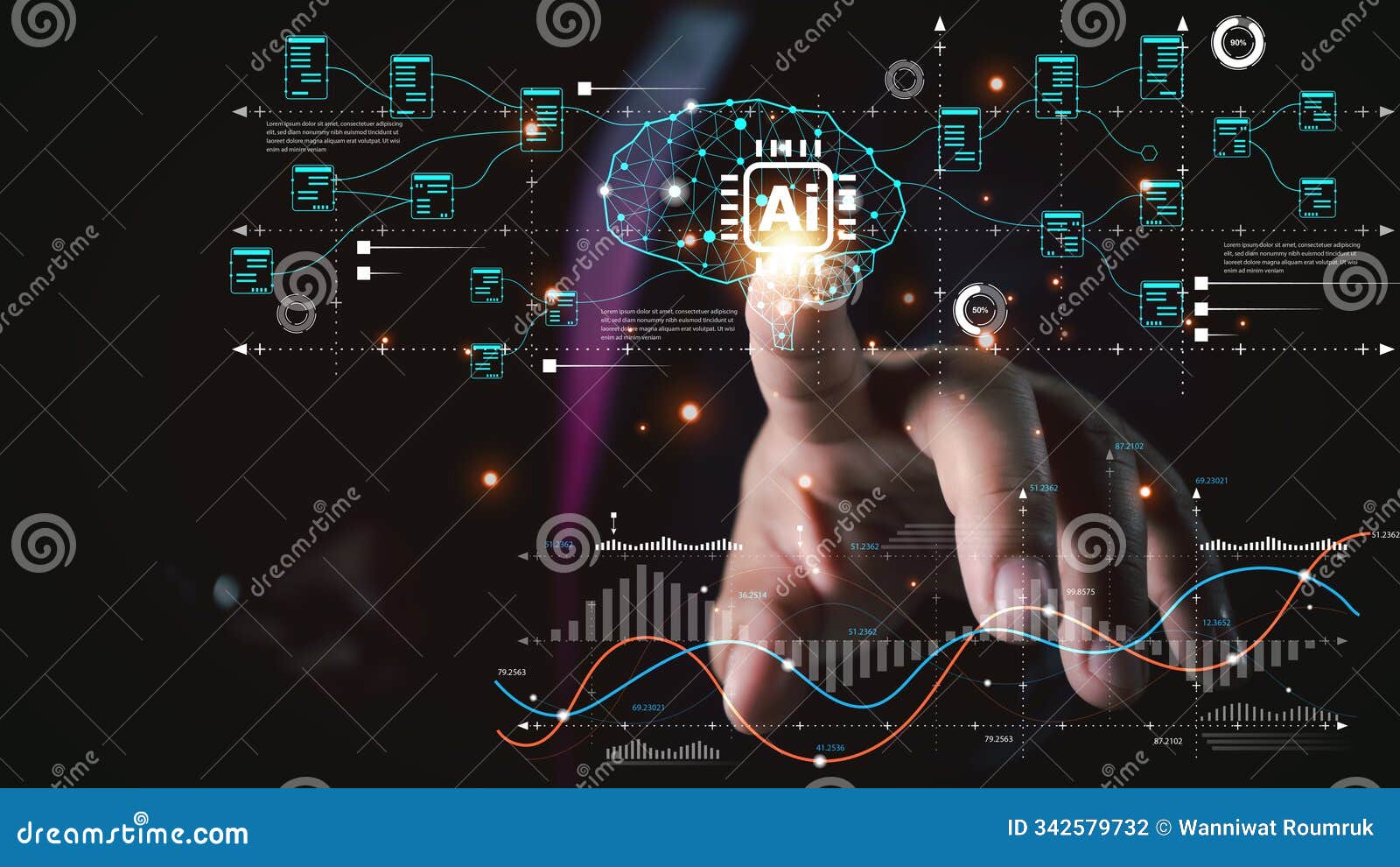 AI Technology. Businessman Touch Brain Working Data and Algorithm of Artificial Intelligence in ...