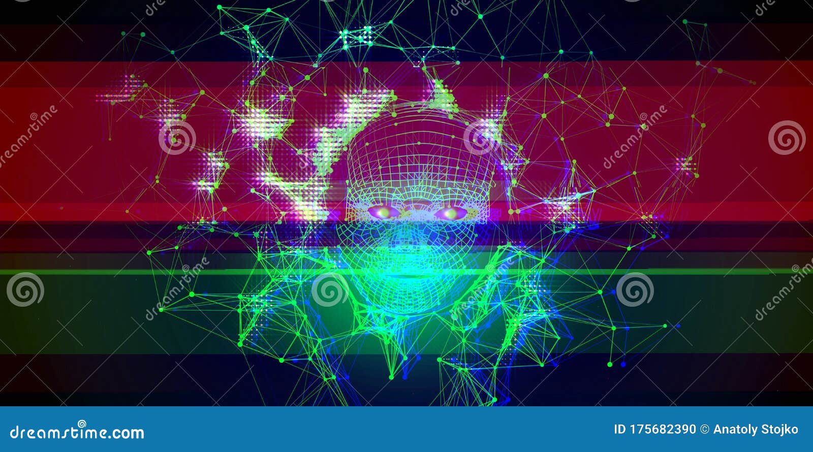 Technology Glitch Background With Wireframe Face . AI. Futuristic ...