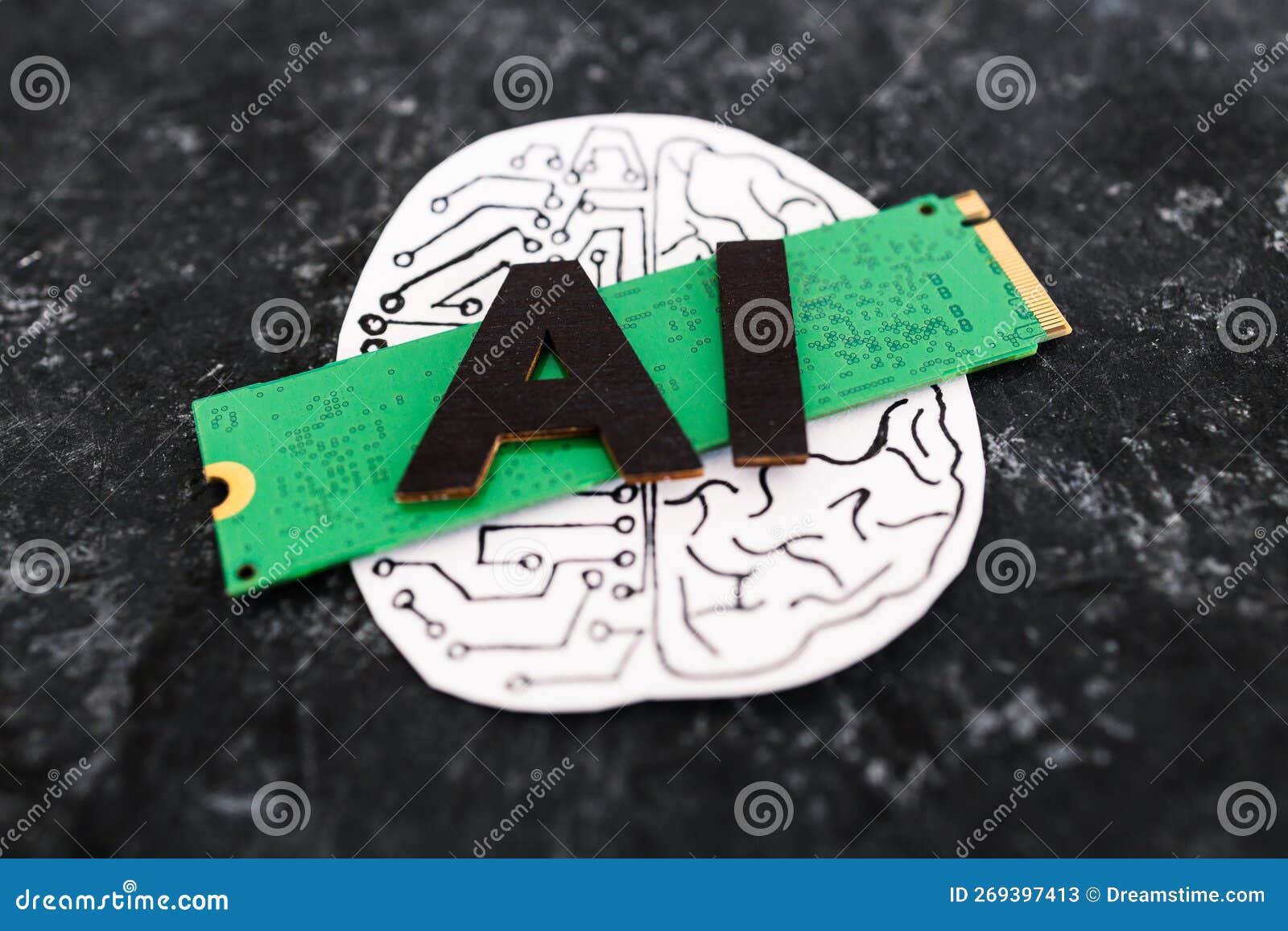 AI Text on Top of Microchip and Half Human Half Robot Brain, Artificial ...