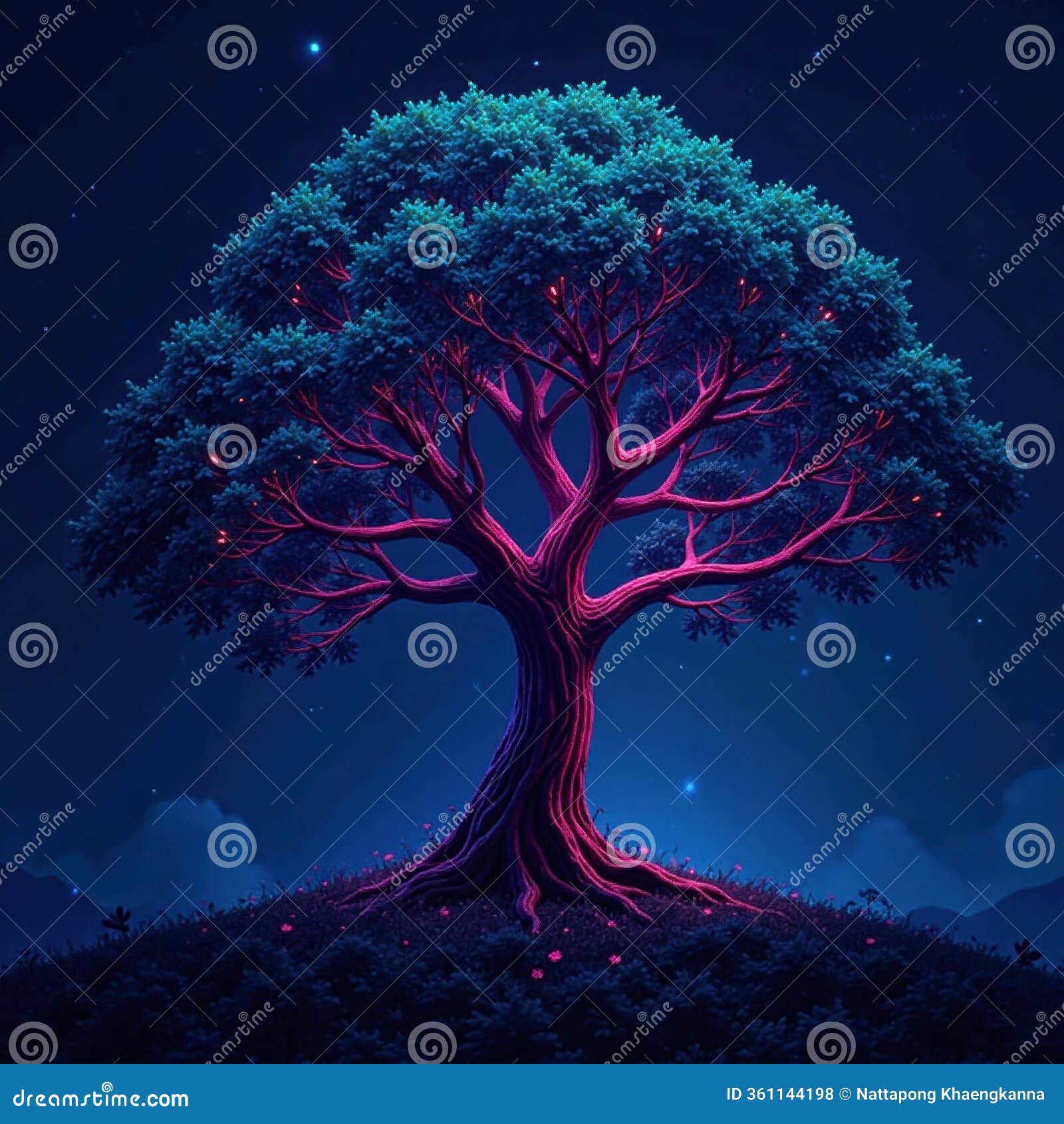 AI Tree with Vibrant Circuits Digital Forest at Night Growth Network ...