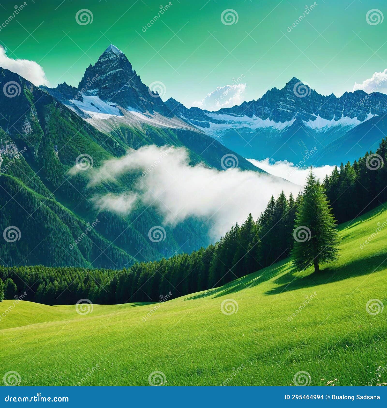 AI View of an Alpine Simple with Meadows and Alpine Mountains in the Background Stock ...