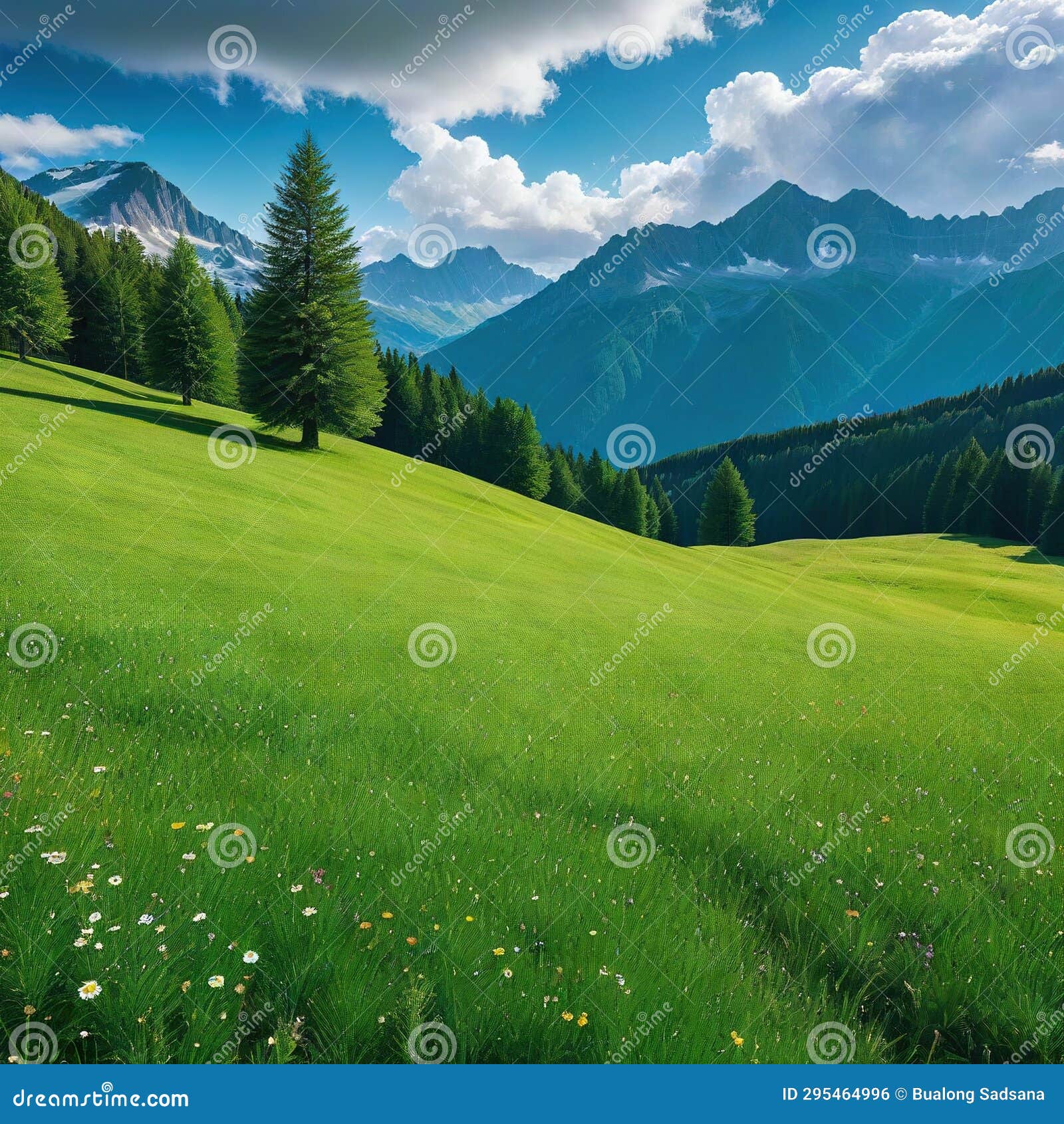 AI View of an Alpine Simple with Meadows and Alpine Mountains in the ...