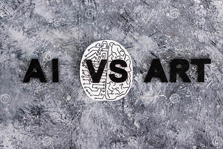 AI Vs Art Text with Half Human Half Robot Brain, Artificial ...