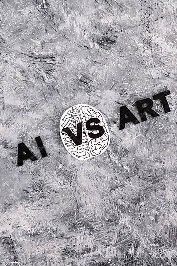 AI Vs Art Text with Half Human Half Robot Brain, Artificial ...