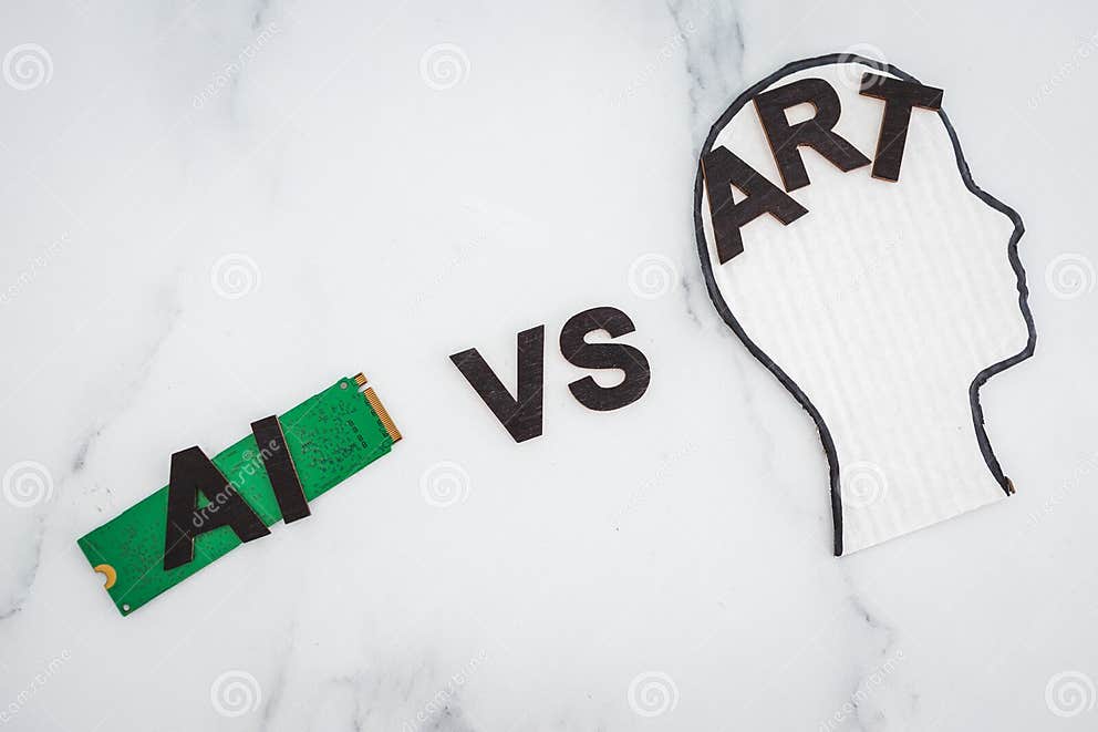 AI Vs Art Text with Microchip and Head Icon, Artificial Intelligence ...