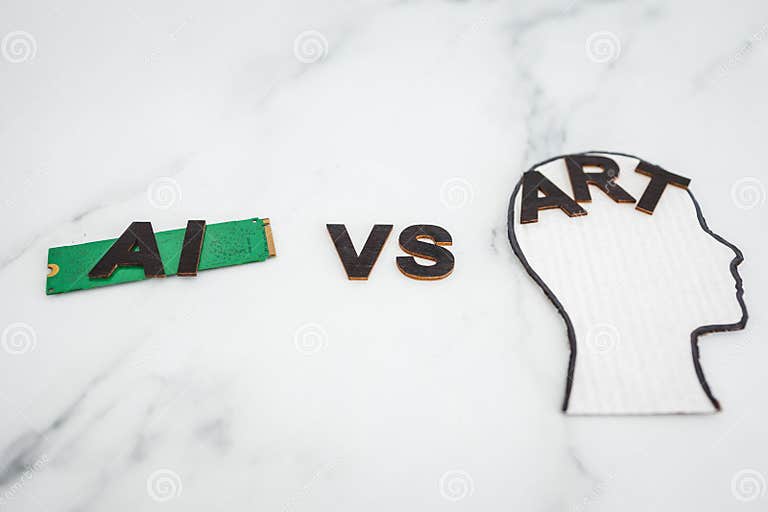 AI Vs Art Text with Microchip and Head Icon, Artificial Intelligence ...