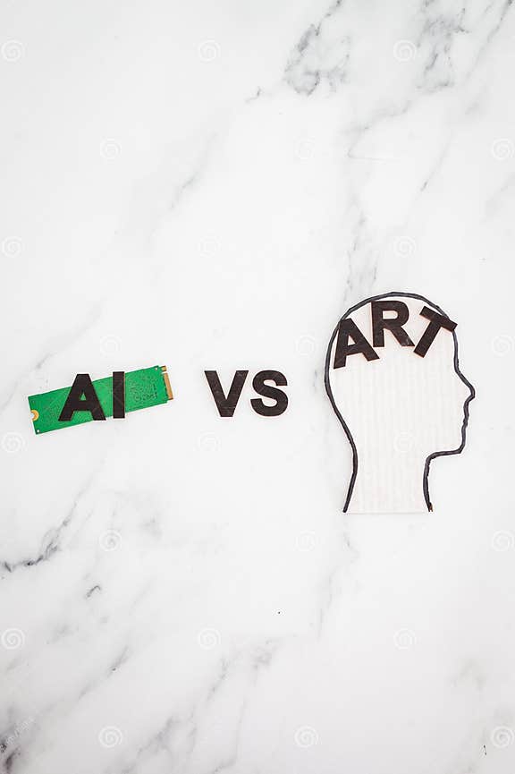AI Vs Art Text with Microchip and Head Icon, Artificial Intelligence ...
