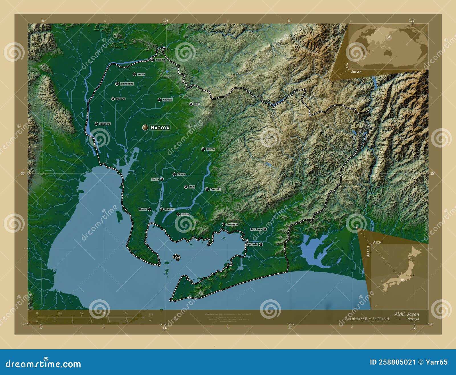 Aichi, Japan. Physical. Labelled Points of Cities Stock Illustration ...