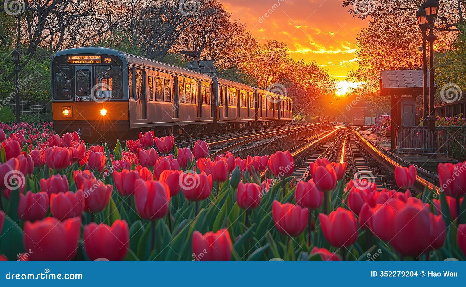 AIGC?a Train is Running on the Railway in a Park in Spring Stock ...