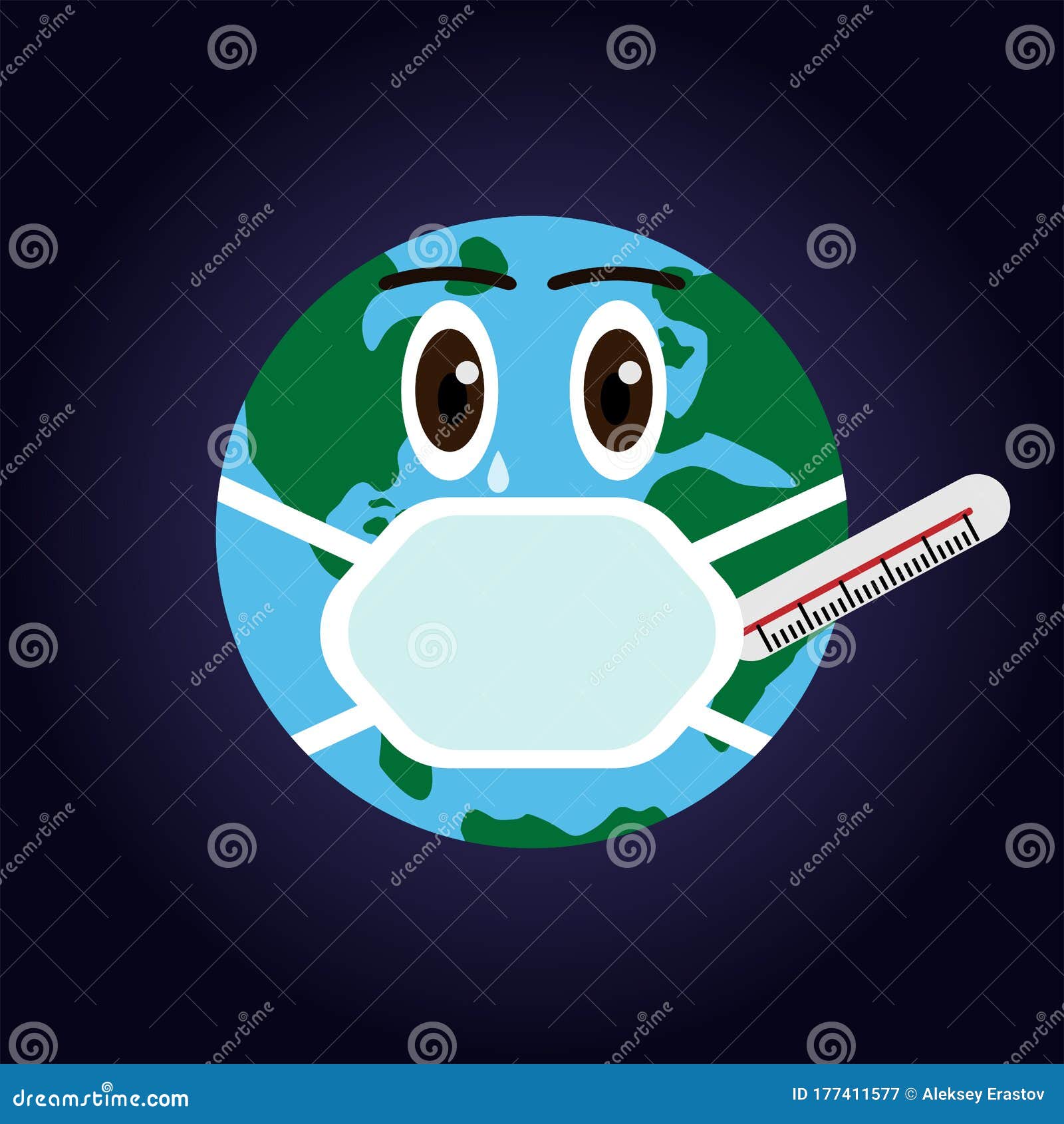 Ailing Planet Earth in Protective Mask and with Thermometer. Vector ...