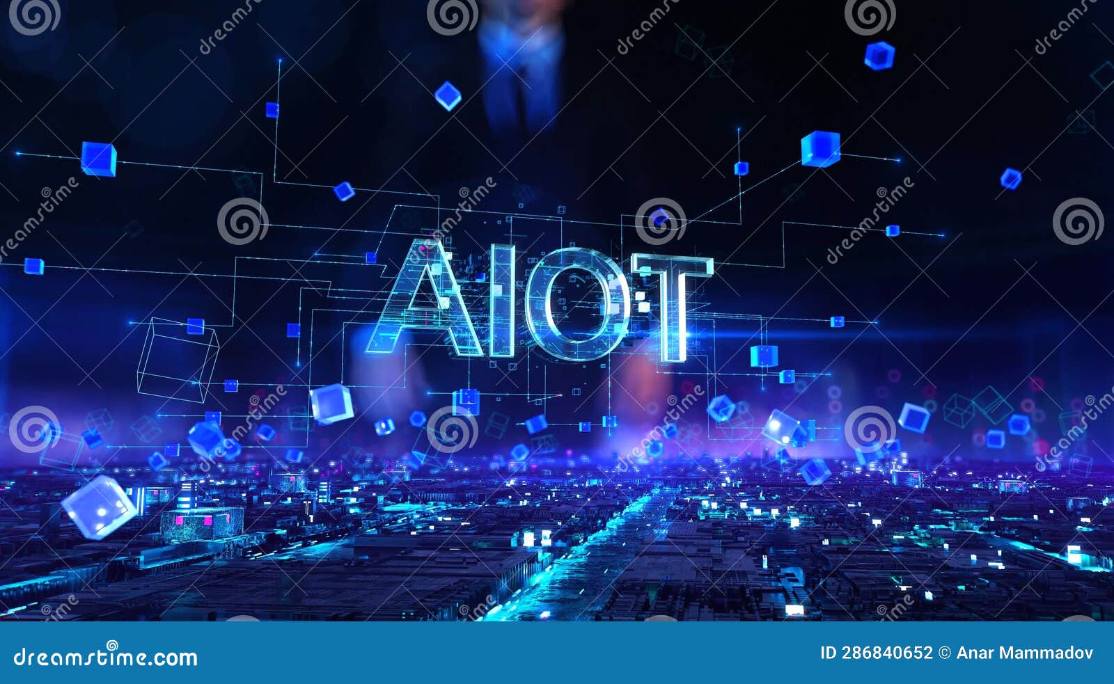 AIoT- Businessman Working and Touching with Virtual Reality at Night ...
