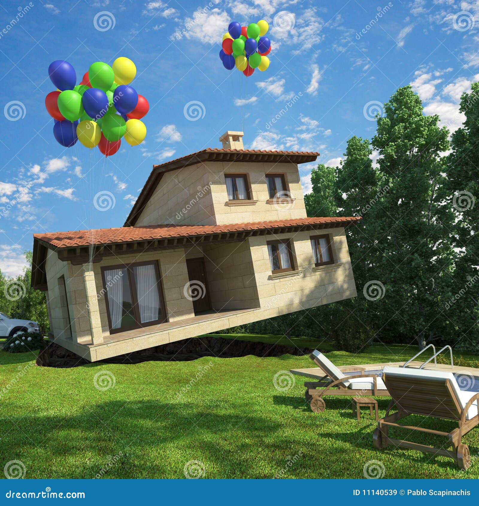 Air balloons flying house stock illustration. Illustration of home ...