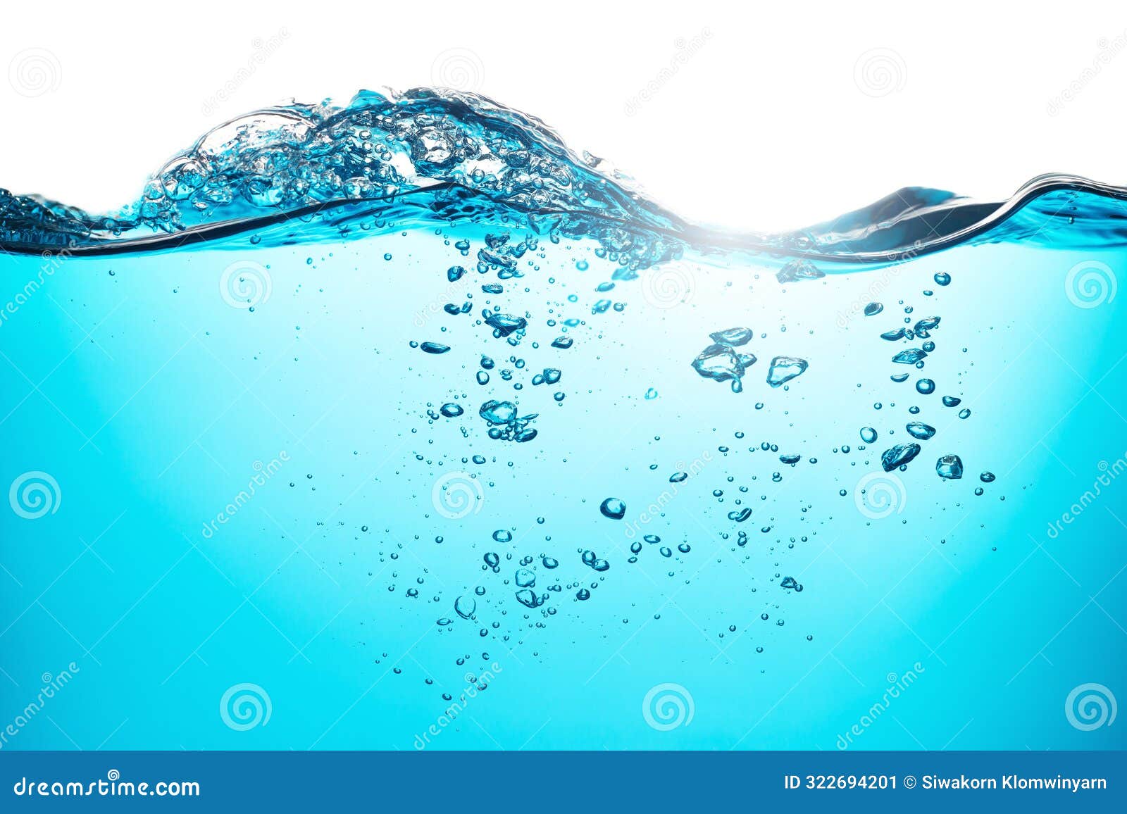 Air Bubbles Float Up Under Blue Water. Pure Water Wave, Oxygen ...