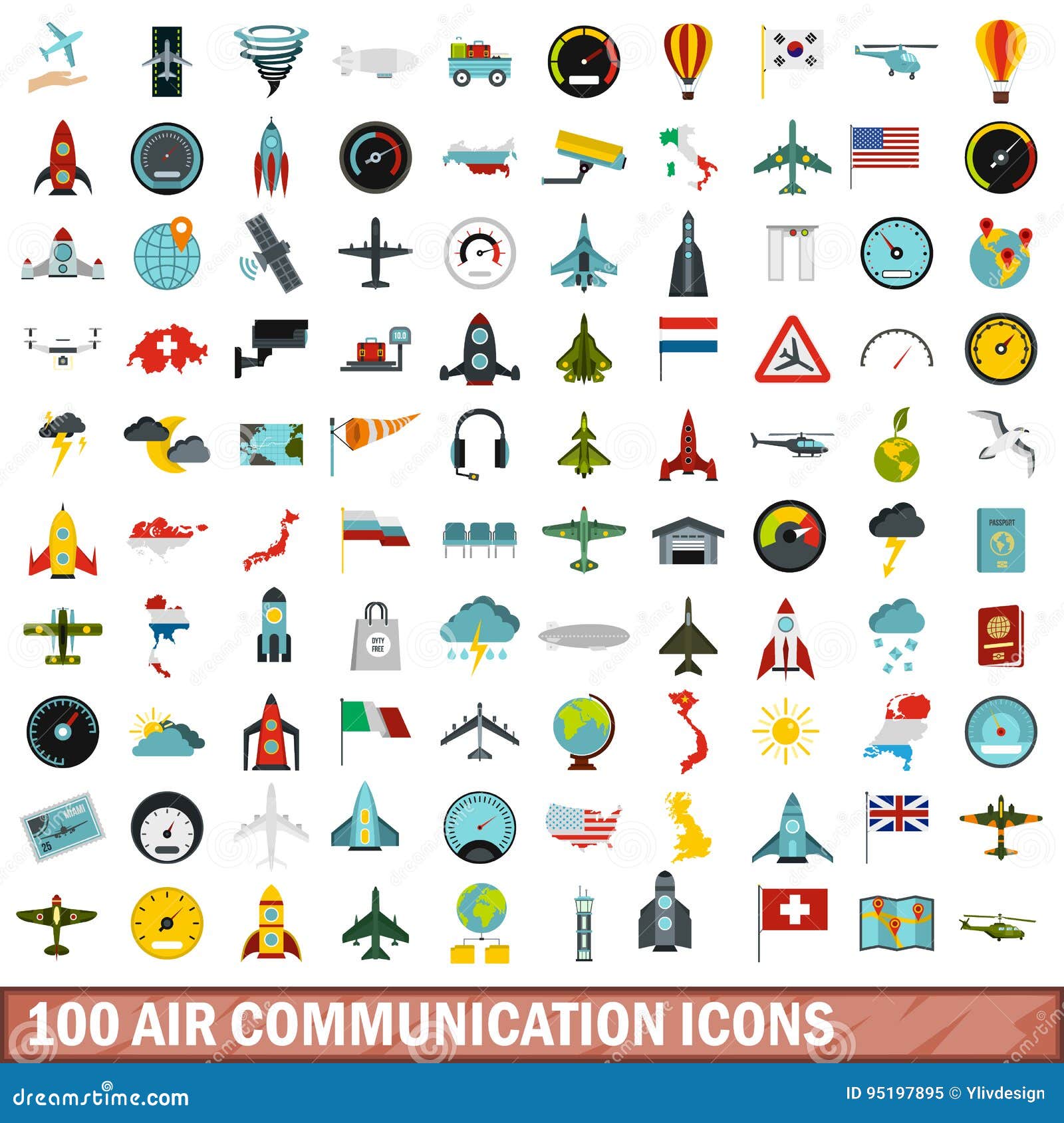 100 Air Communication Icons Set, Flat Style Stock Vector - Illustration ...