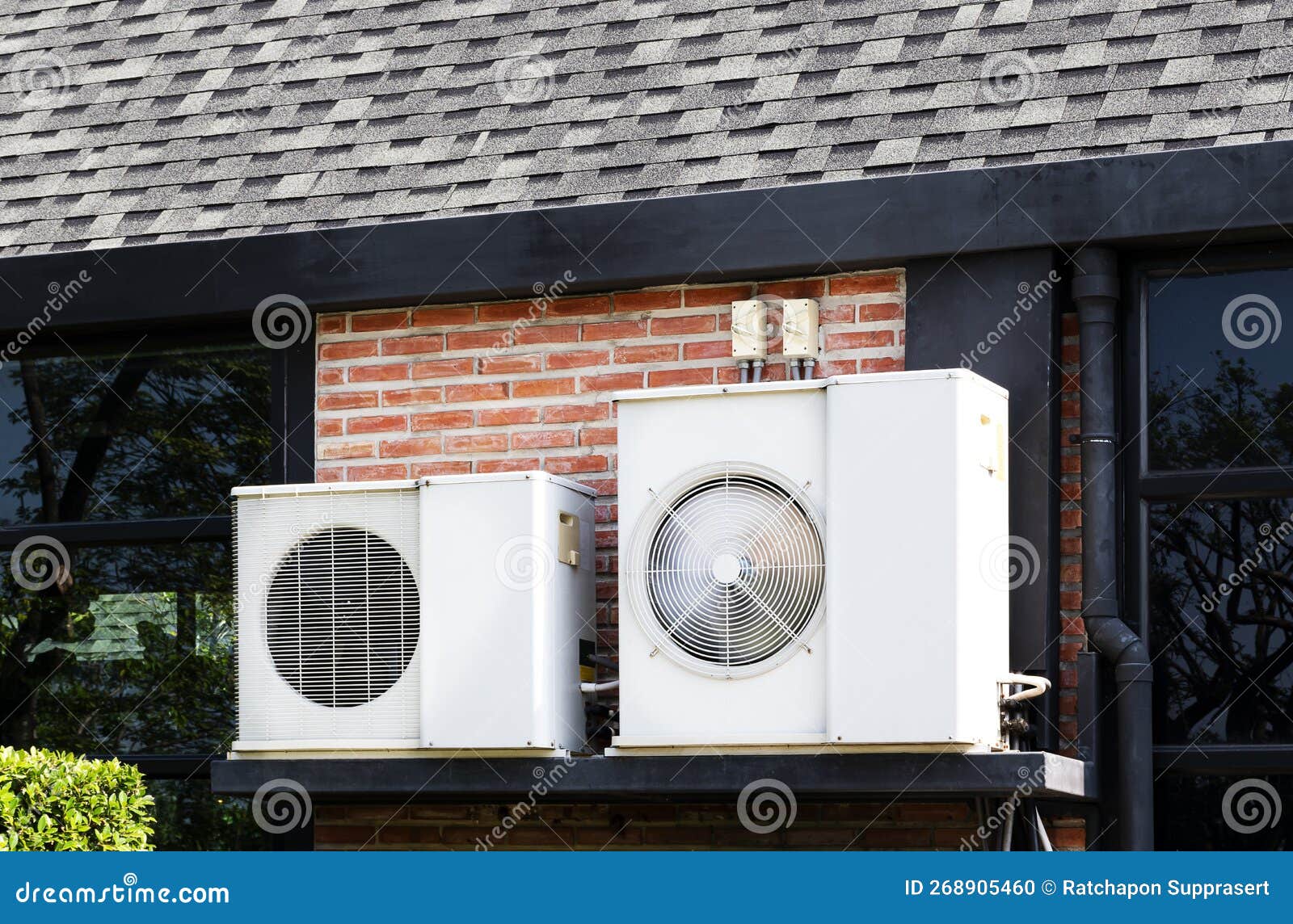 Air Compressor on Brick Wall Building Stock Photo - Image of cooler ...