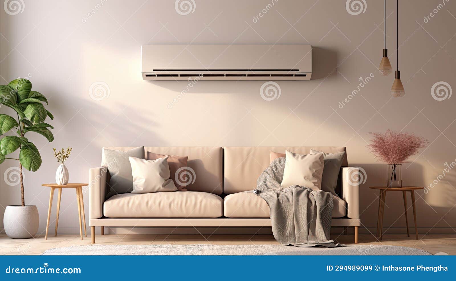 Air Conditioner on Beige Wall in Living Room with Sofa Stock Image ...