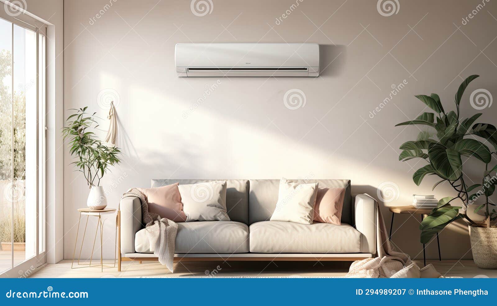 Air Conditioner on Beige Wall in Living Room with Sofa Stock Image ...