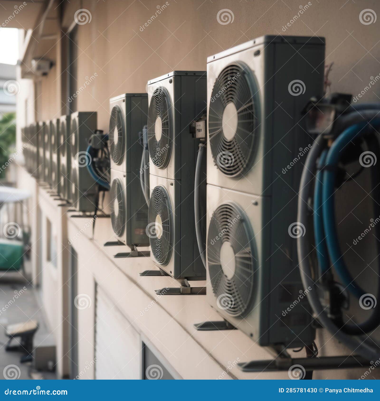 Air Conditioner Compressor Arranged in a Row on the Balcony Stock ...