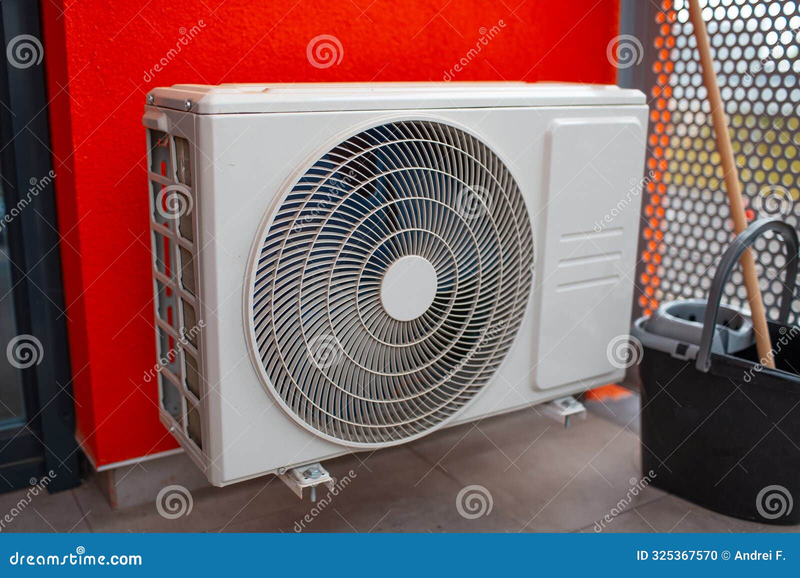 Air Conditioner, Exterior Compressor Fixed on Red Facade Stock Photo ...
