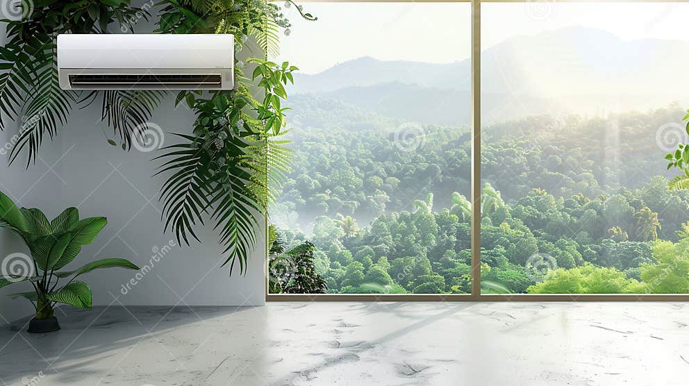 Air Conditioner Mounted on Wall beside Open Window Overlooking Green ...