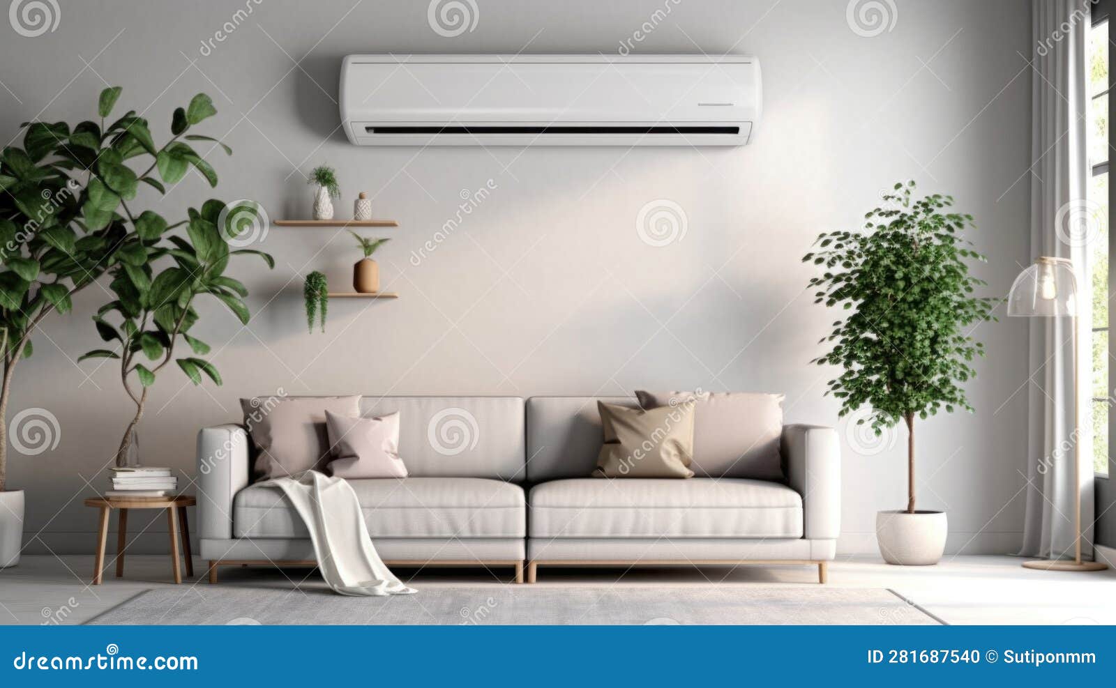 Air Conditioner with Modern Living Room with Sofa Stock Illustration ...