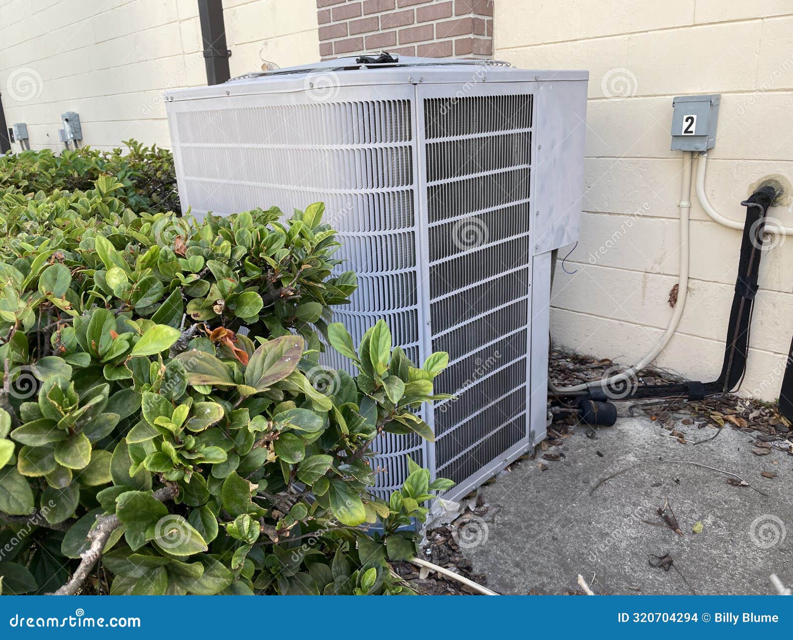 Air Conditioner Unit Exterior Side View Wall Outlet and Bush Stock ...