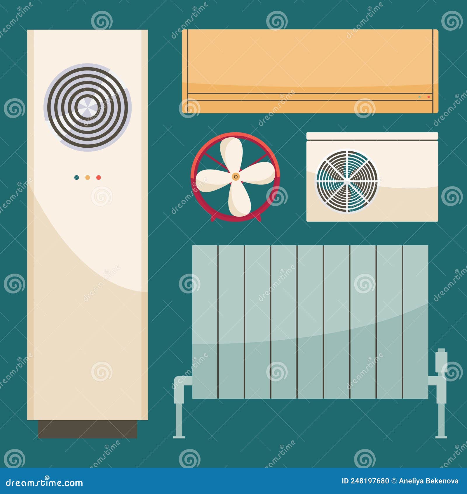 Air Conditioner Ventilation System Vector Illustration Set. Cartoon ...
