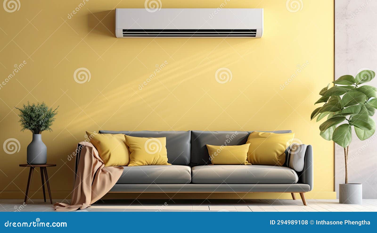 Air Conditioner on Yellow Wall in Living Room with Sofa Stock Photo ...