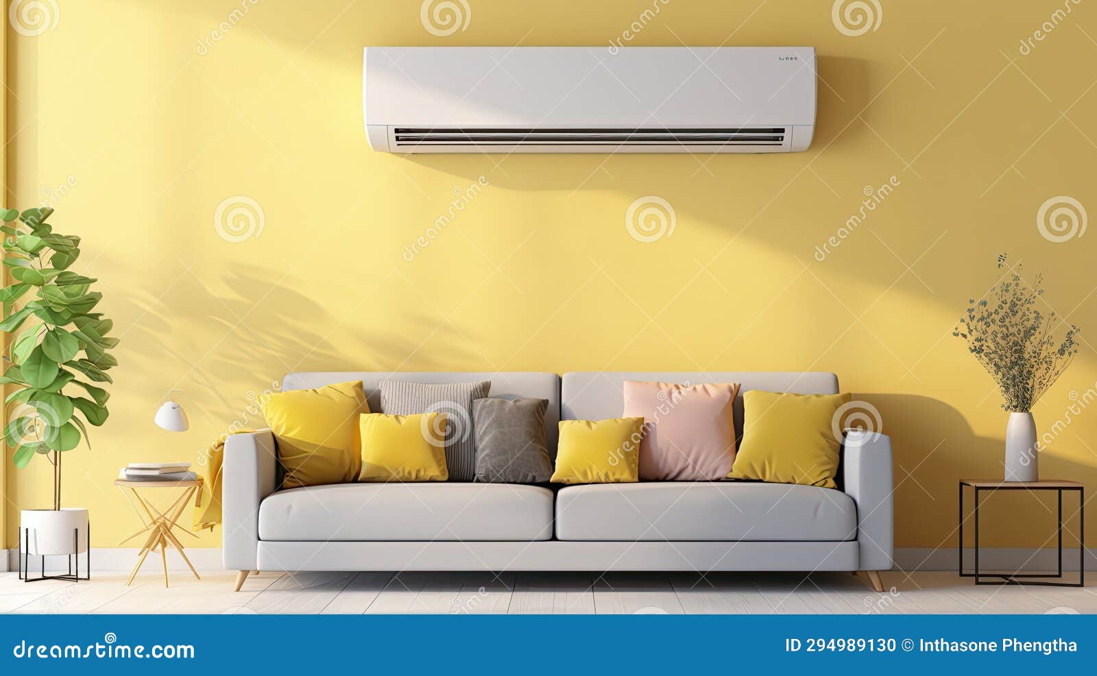 Air Conditioner on Yellow Wall in Living Room with Sofa Stock Photo ...