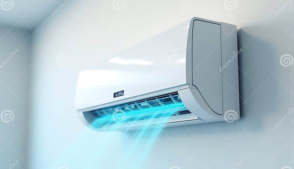 Air Conditioning with Cold Air in a White Wall, Digital Display, Cool ...