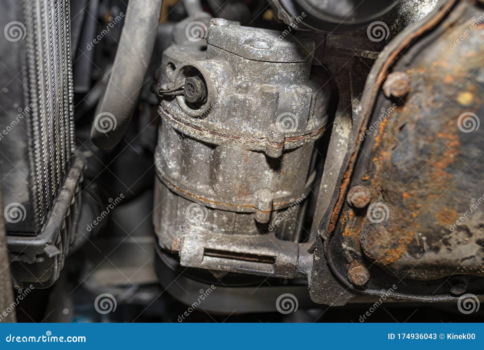 Air Conditioning Compressor in a Passenger Car Seen from Below. Stock ...