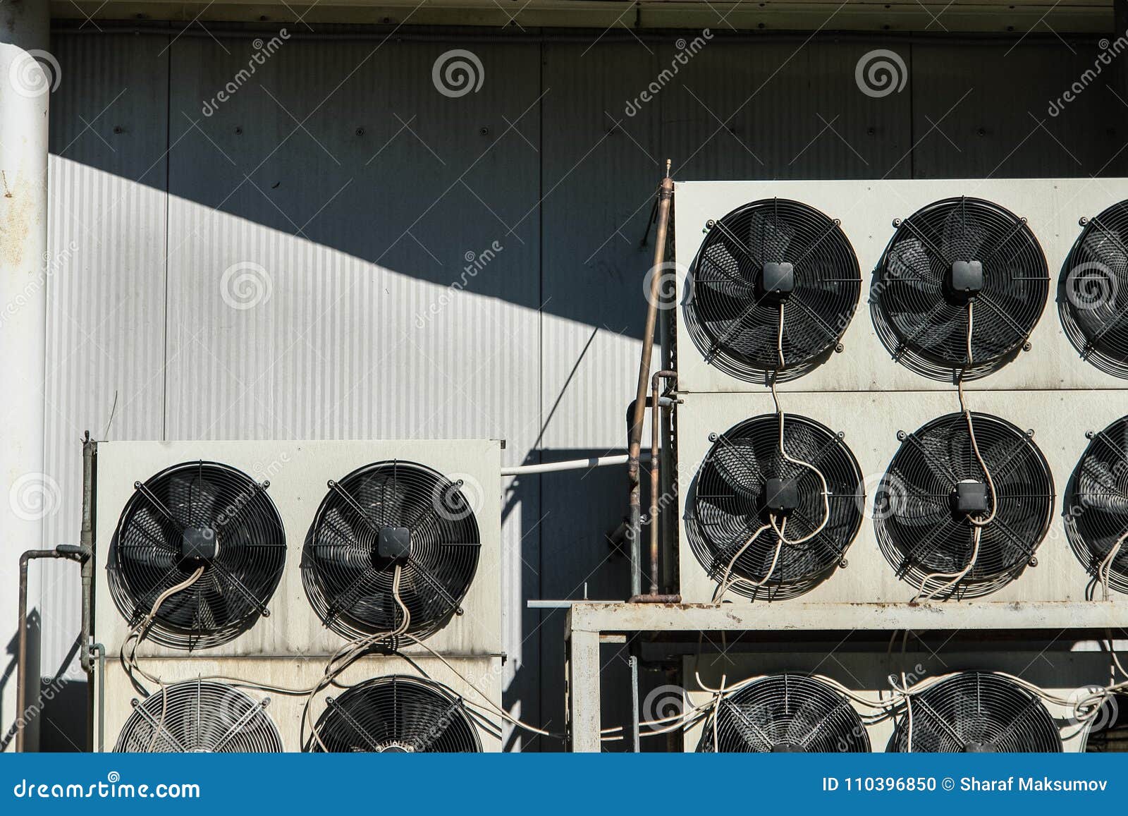 Air Conditioning Condensers On White Wall Refrigerant Gas Pipe Royalty ...