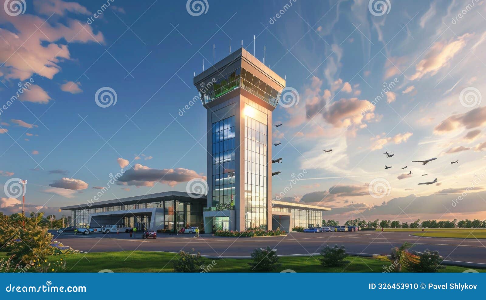 Air Control Tower at the Airport with Blue Sky and Clouds on the ...