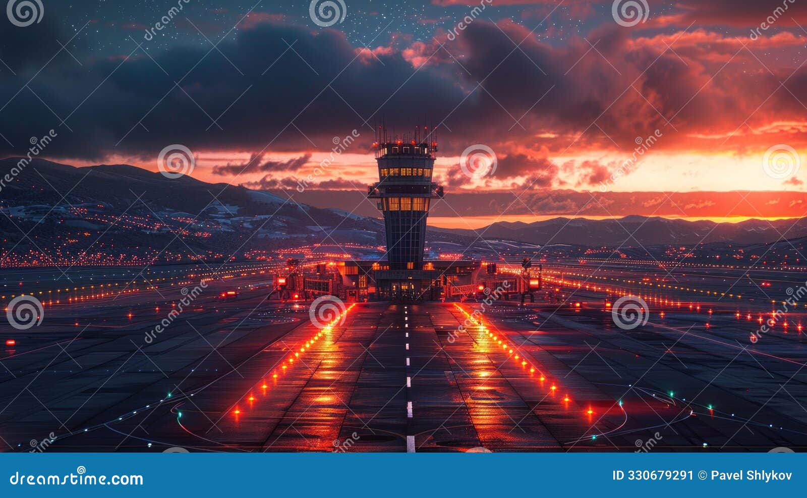 Air Control Tower at the Airport at Night Stock Image - Image of ...
