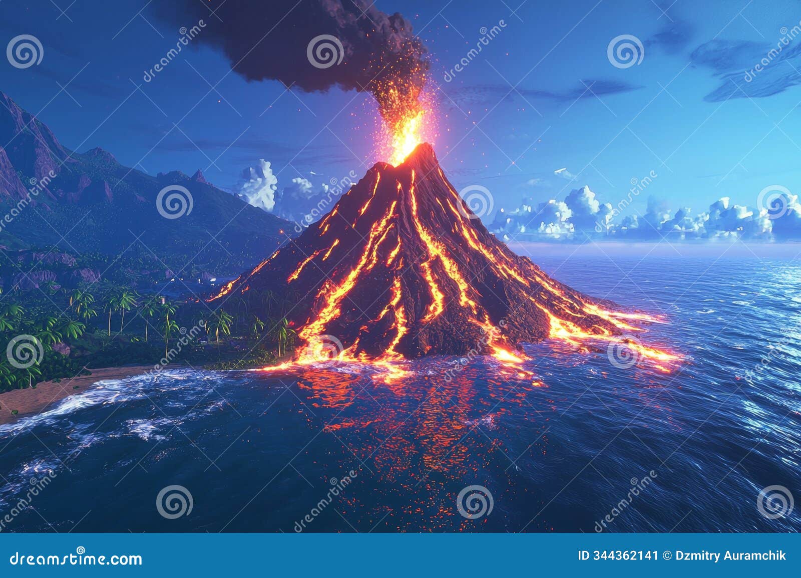 The Air is Filled with Glowing Ash on a Volcanic Island, Where Fire ...