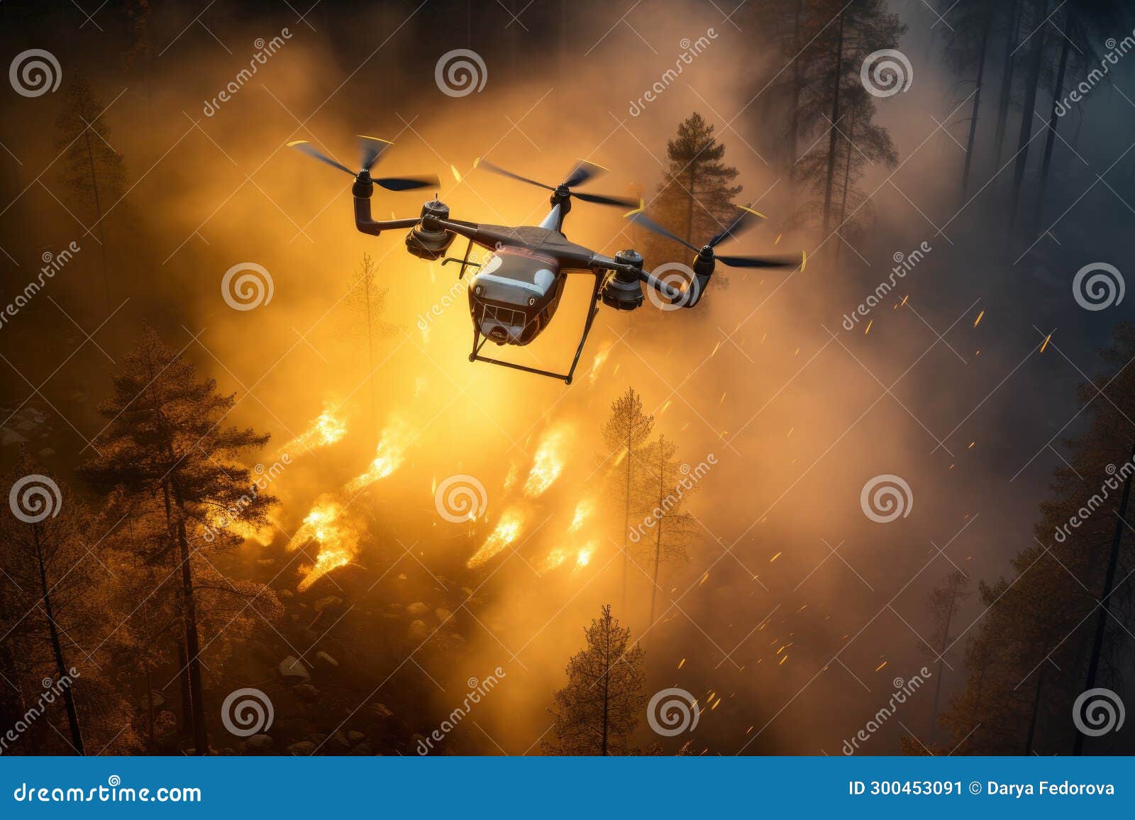 Air Firefighting with Drone of Wildfire in Forest. Stock Image - Image ...