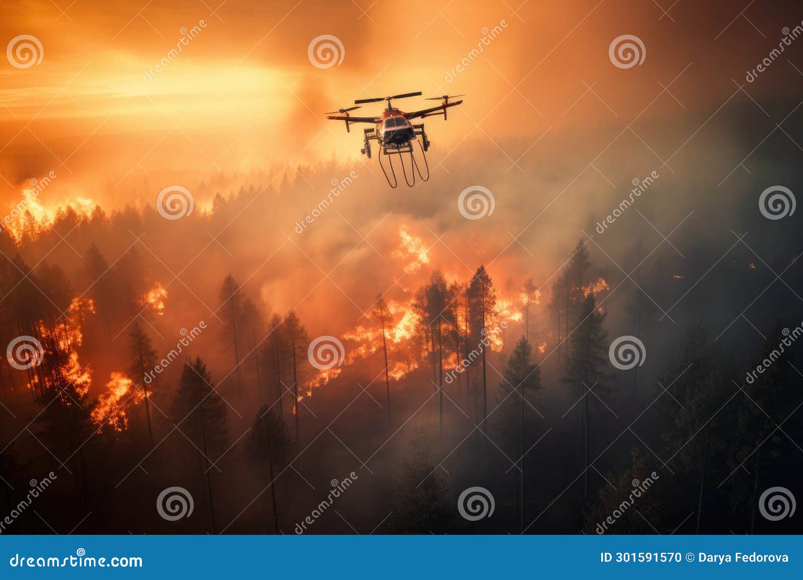 Air Firefighting with Drone of Wildfire in Forest. Stock Photo - Image ...