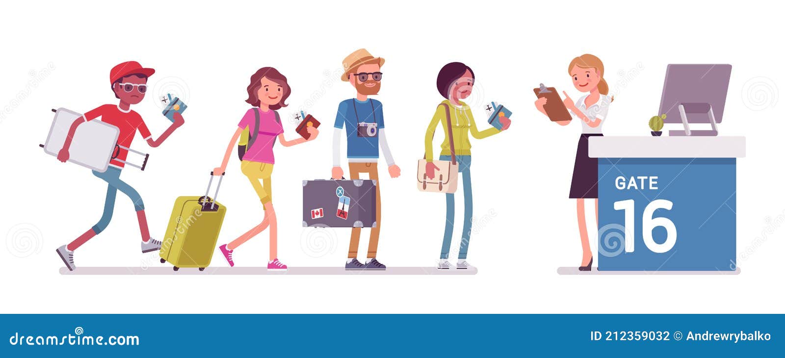 Flight Check-in At Airport. Vector Illustration. Passengers Cartoon ...