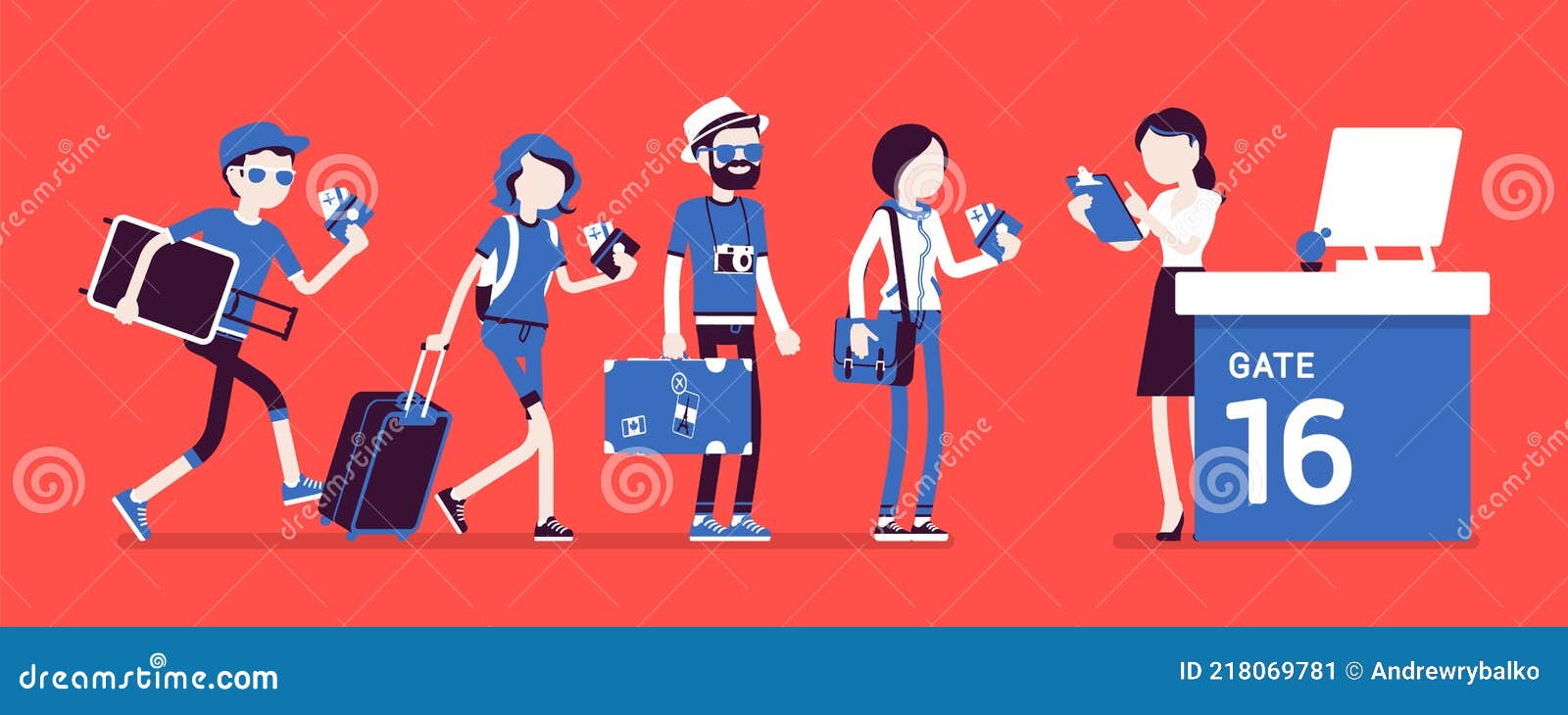 Flight Check-in At Airport. Vector Illustration. Passengers Cartoon ...
