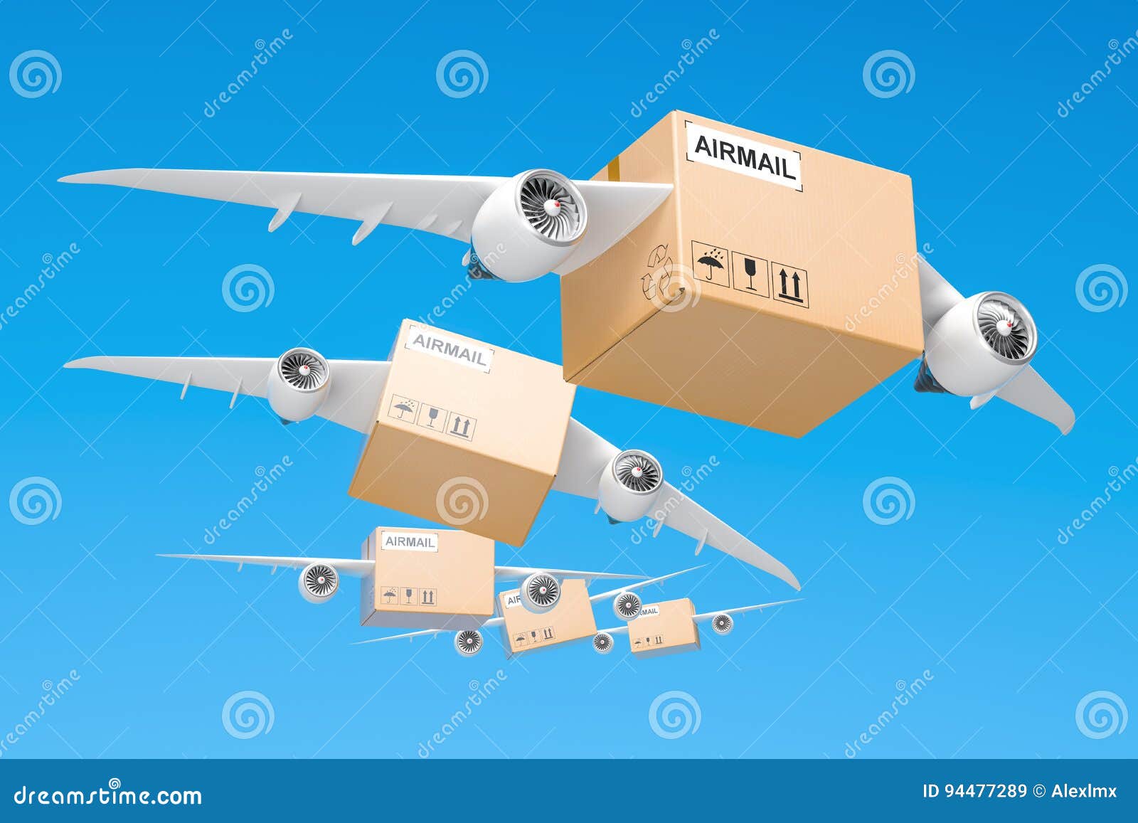 Air Mail Delivery Concept. Parcels with Wings Flying in the Sky, 3D ...