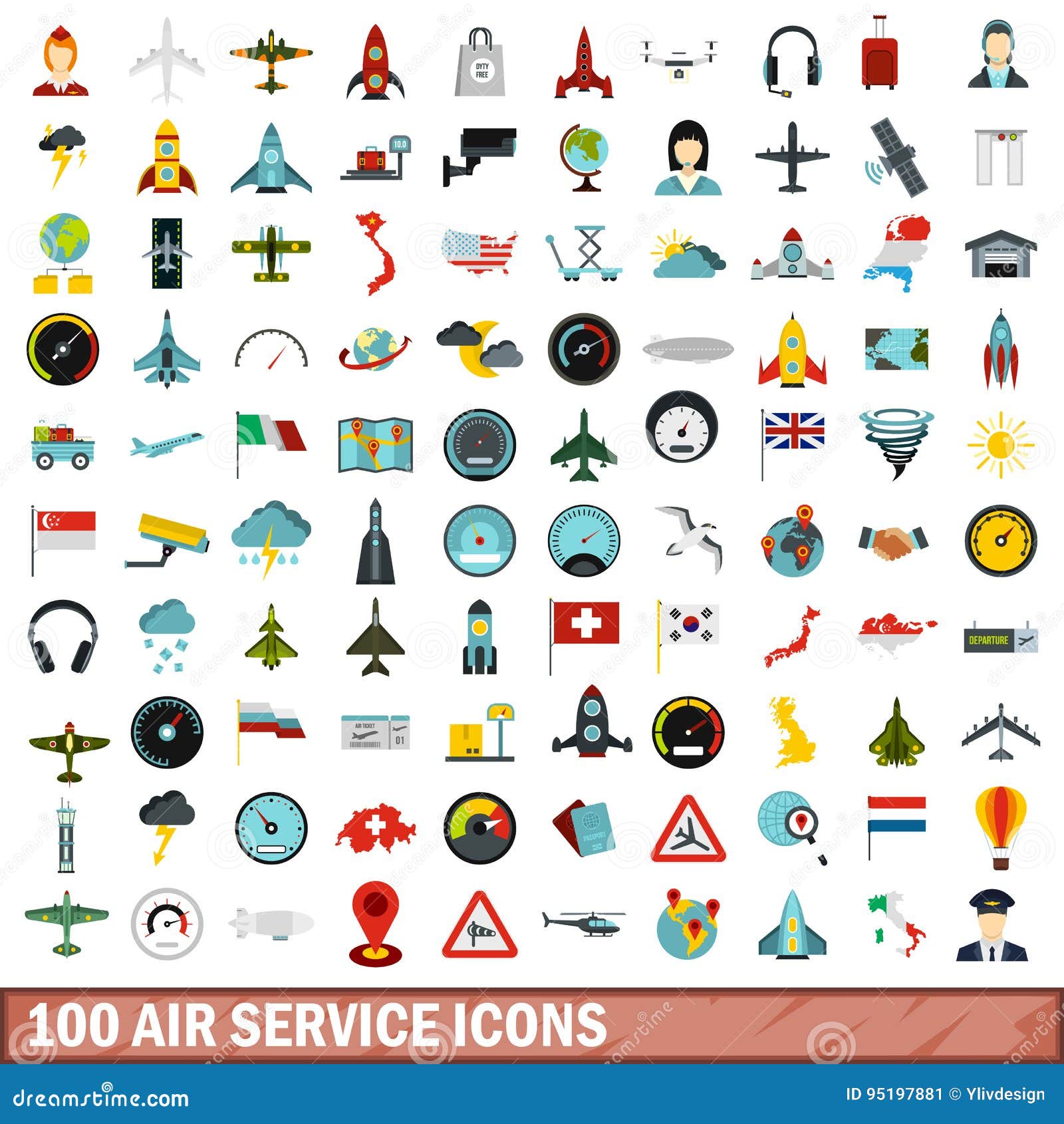 100 Air Service Icons Set, Flat Style Stock Vector - Illustration of ...