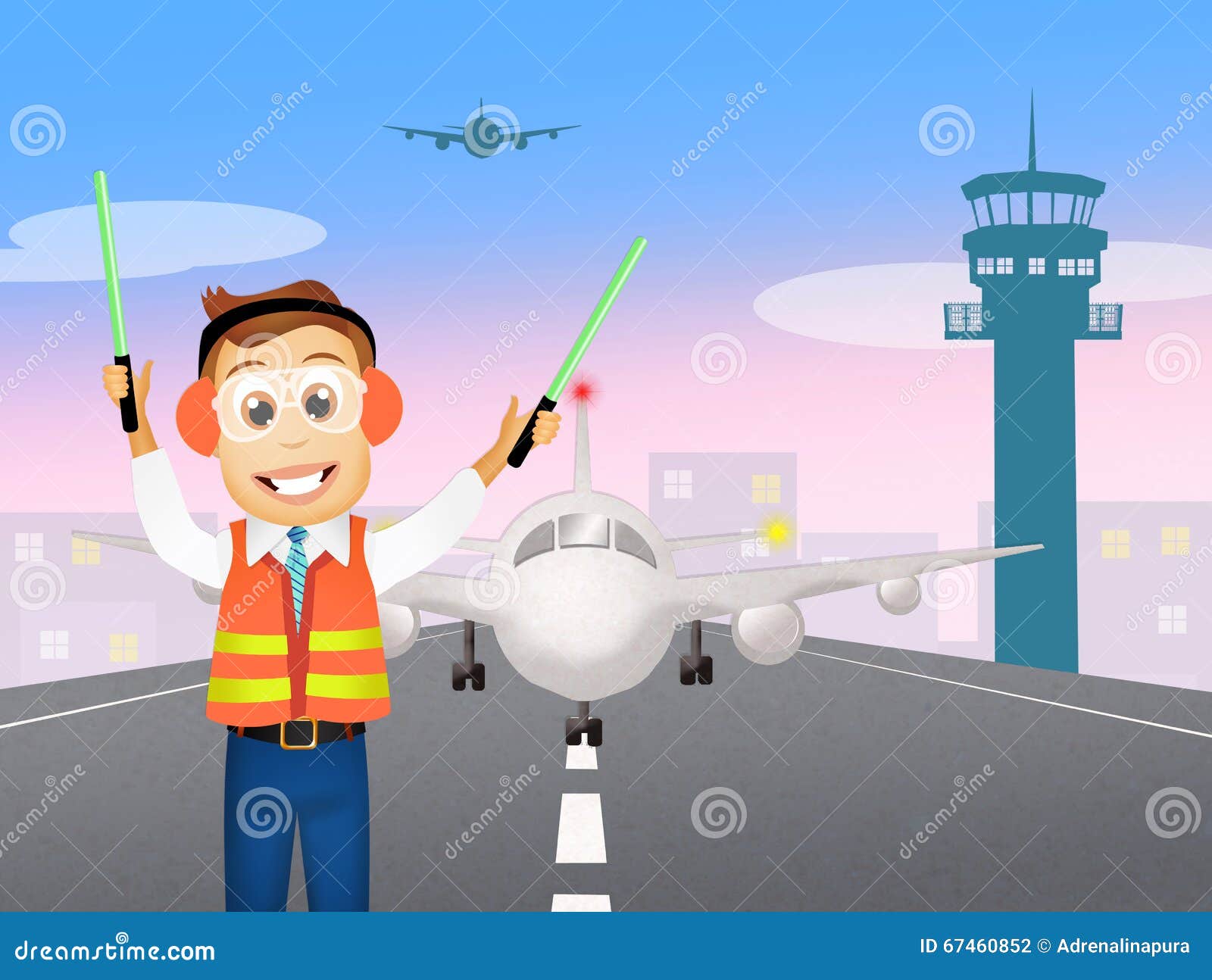Air Traffic Controller Team Working With Plane On Runway. Male And ...